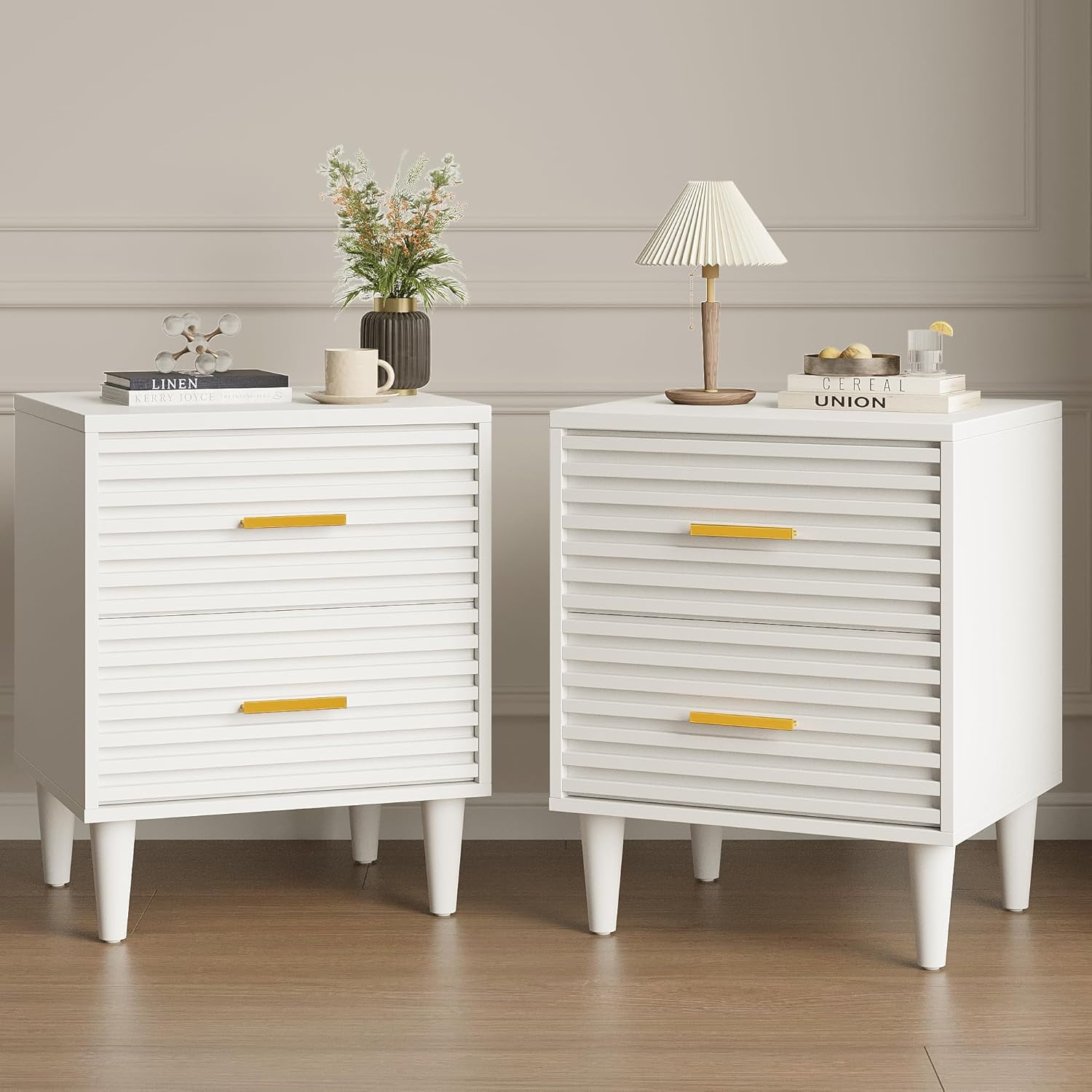 Whalefall Night Stands Set of 2, Fluted Bedside Table with Drawer, Mid ...