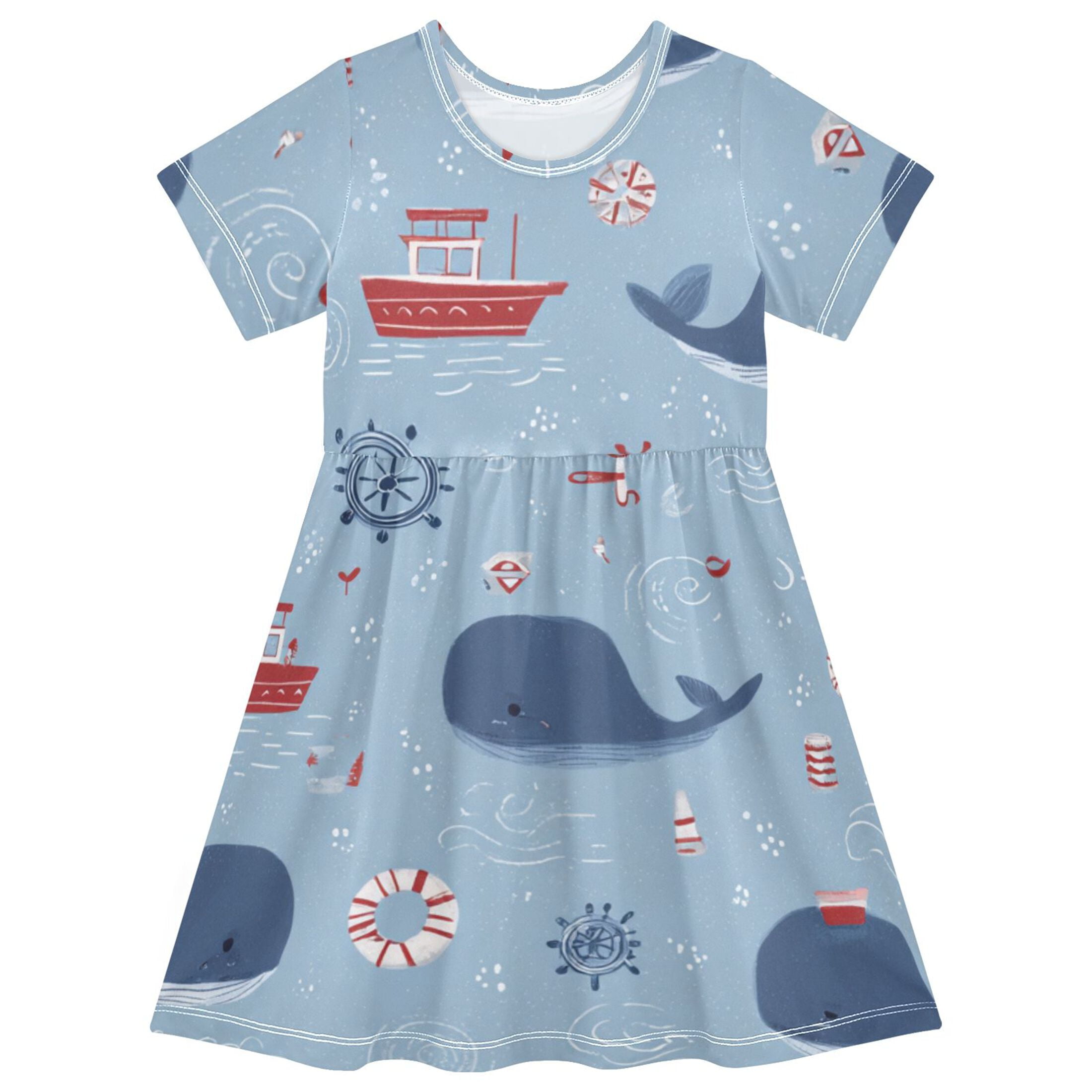Whales Boats Waves Swimming Circles Girls' Short Sleeve Dress A-Line ...