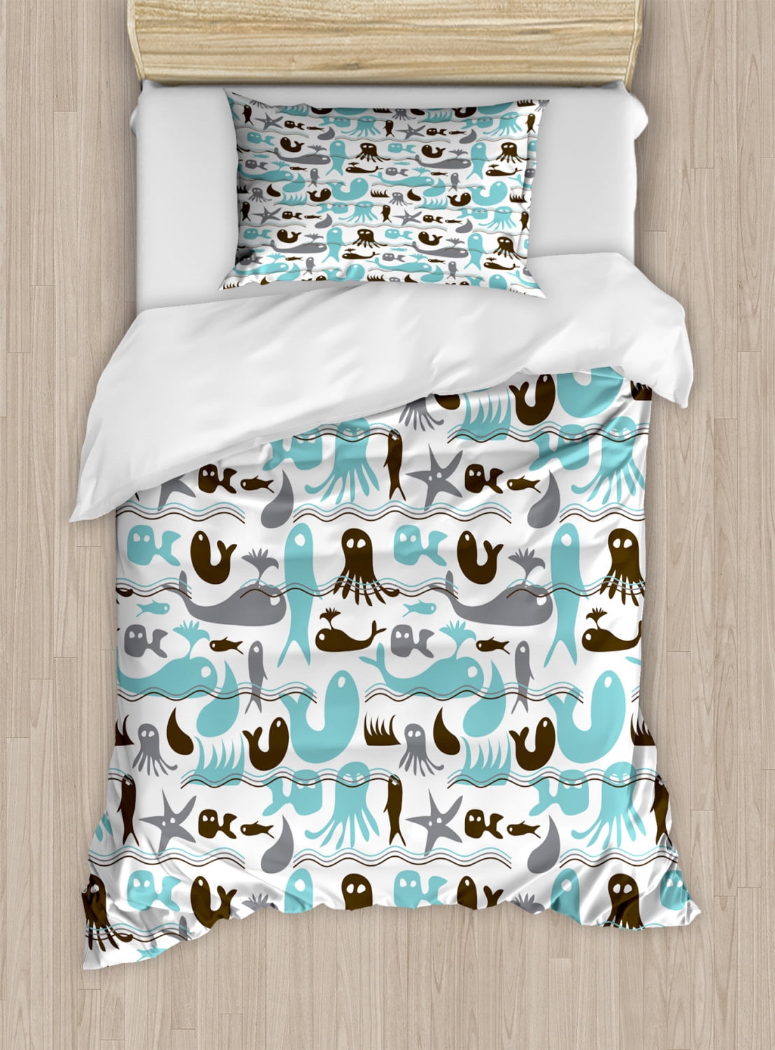 Whales Duvet Cover Set, Rhythmic Jellyfish and Fish Animals Abstract ...