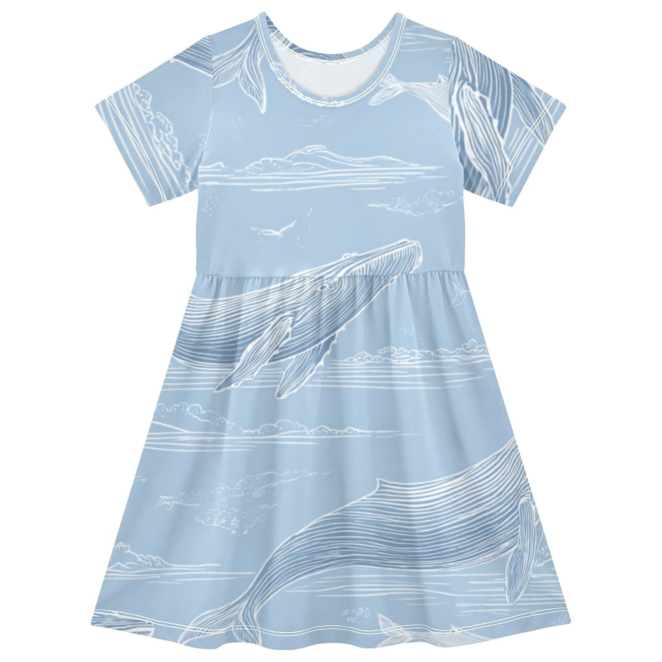 Whales Jumping Clouds Hand Painted Girls' Short Sleeve Dress A-Line One ...