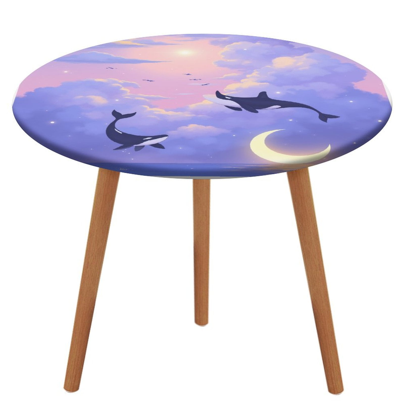 Whales Leaping at Twilight Pattern Round Tablecloth Waterproof Elastic ...