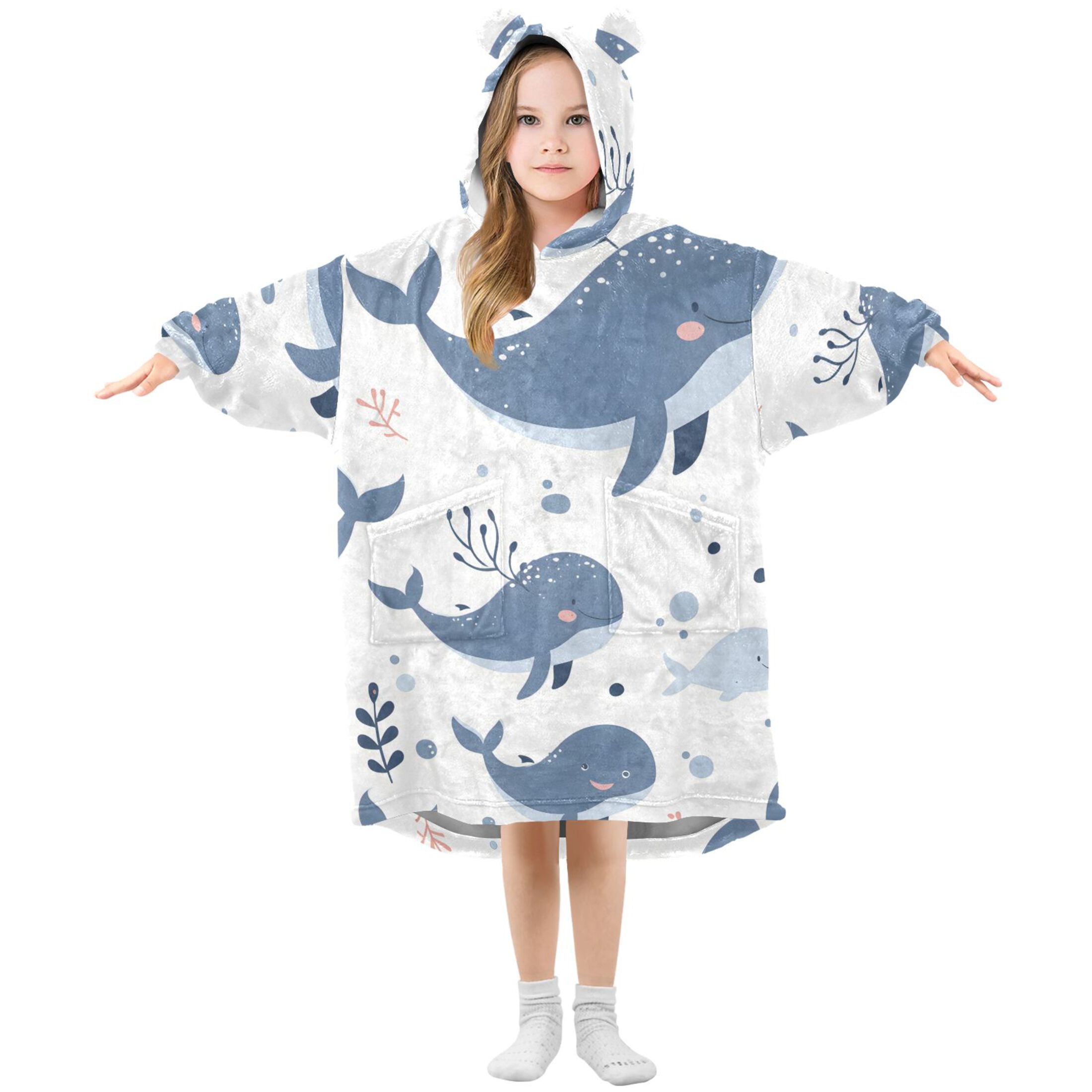 Whales Leaves Bubbles Flannel Wearable Blankets Hooded Design Long ...