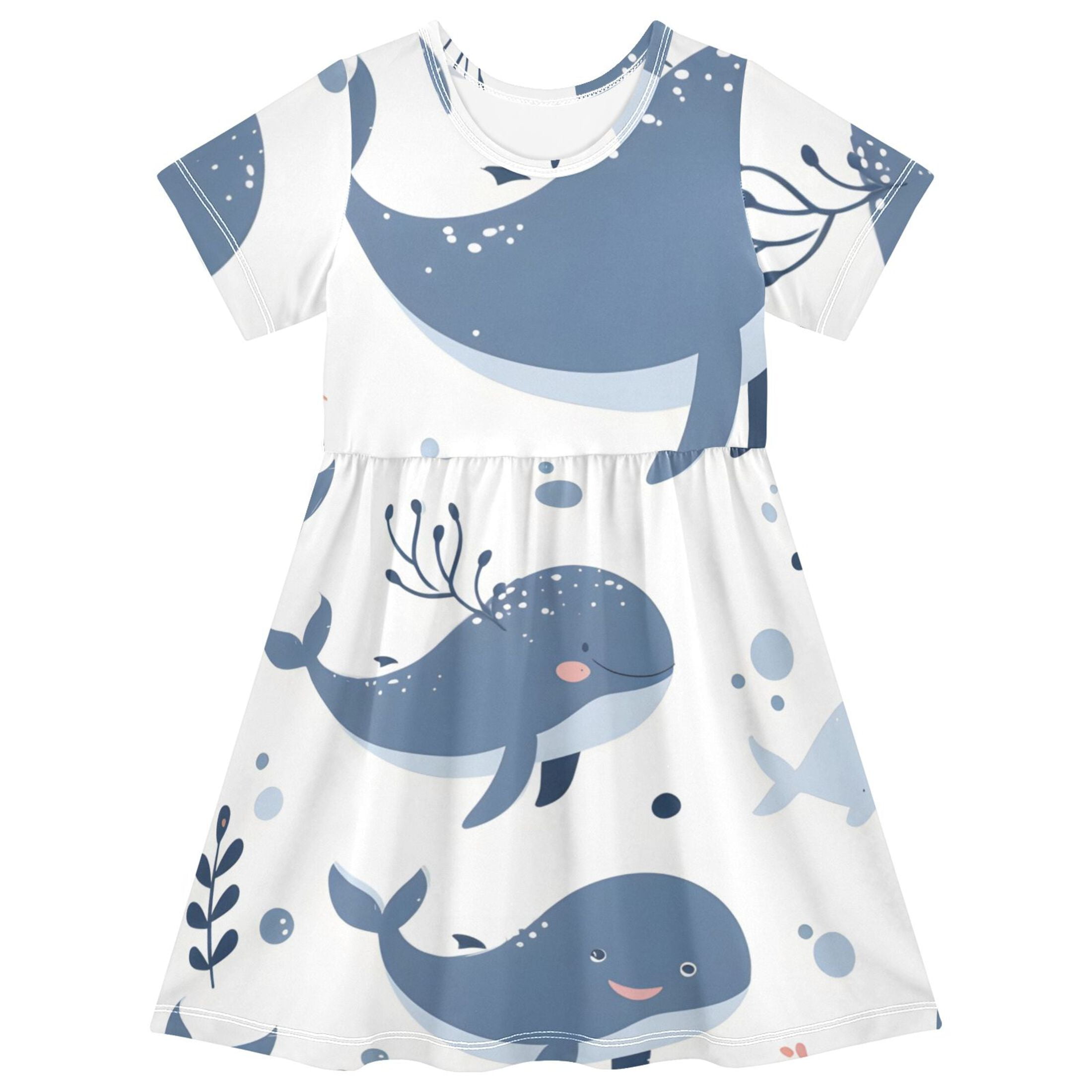 Whales Leaves Bubbles Girls' Short Sleeve Dress A-Line One-Piece Dress ...