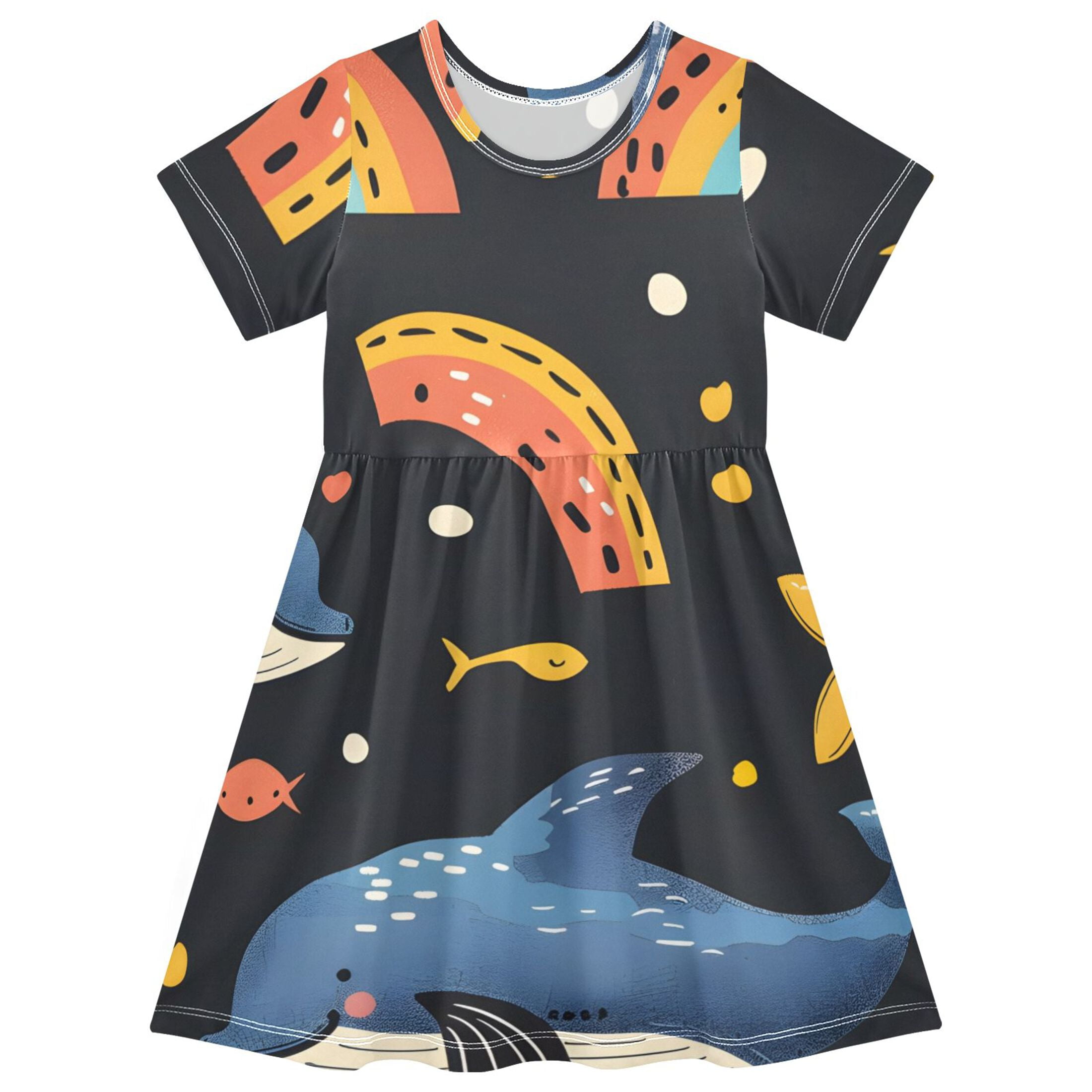 Whales Rainbows Hand Drawn Girls' Short Sleeve Dress A-Line One-Piece ...