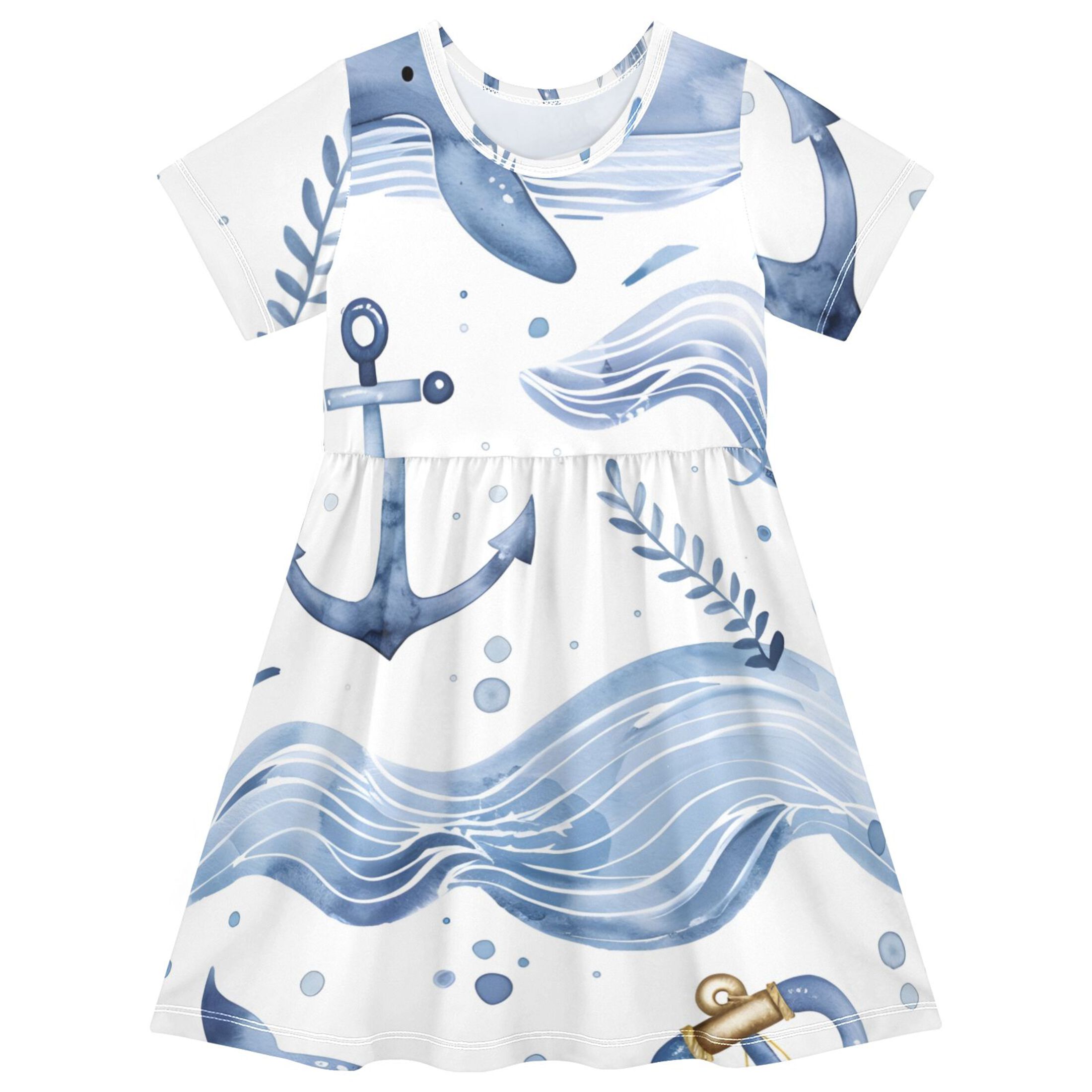 Whales Waves Watercolor Girls' Short Sleeve Dress A-Line One-Piece ...