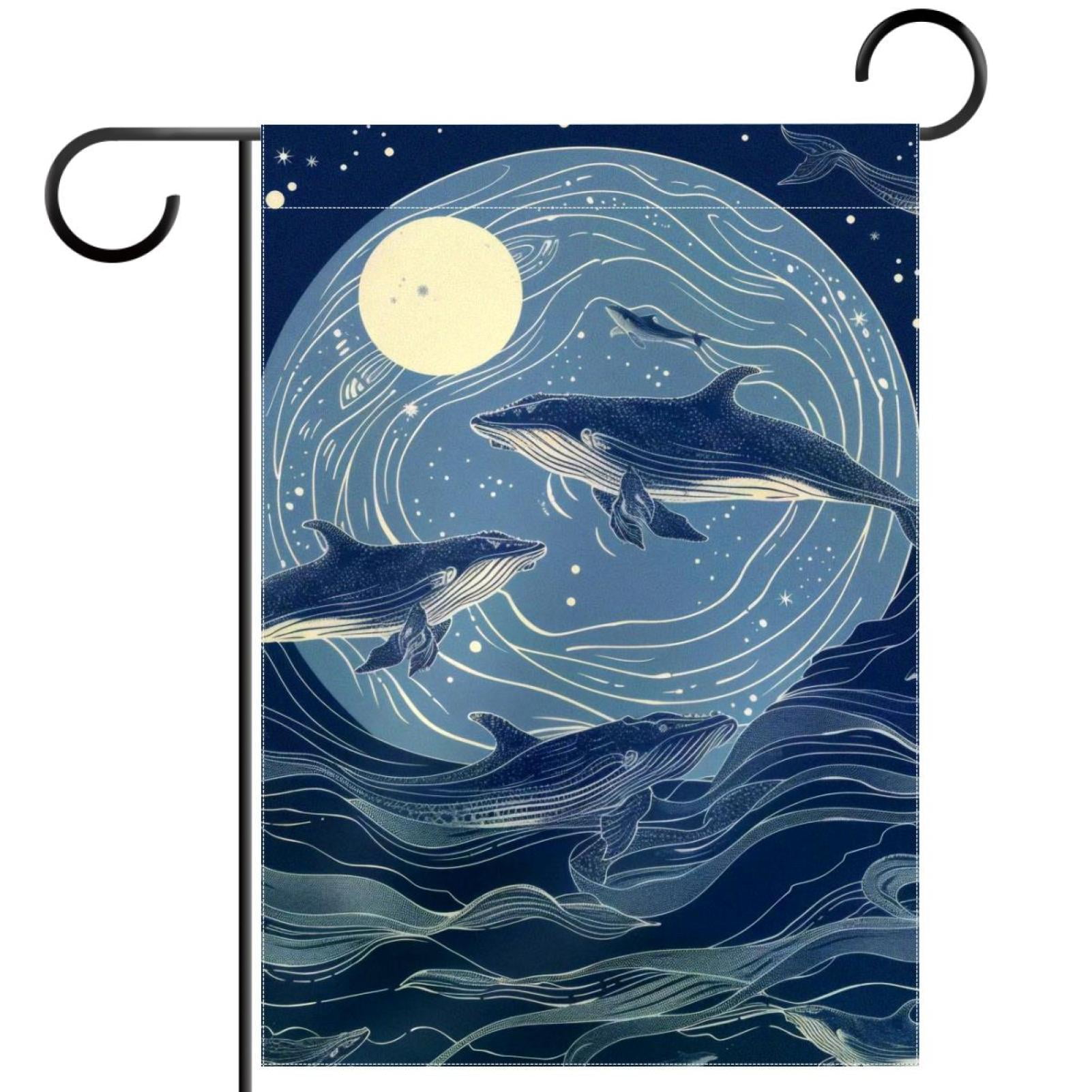 Whales and Moon Blue Lines Art Pattern Garden Flag Double Sided House ...