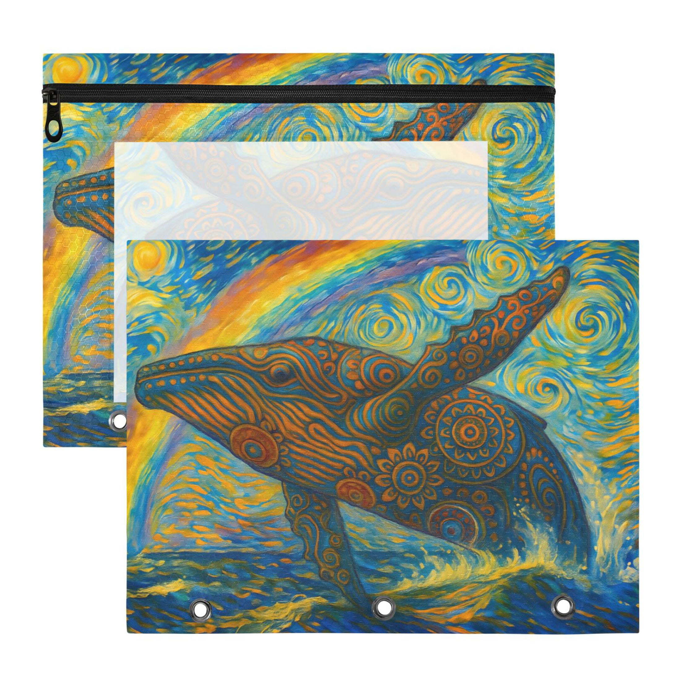 Whales and Rainbow 3-Ring Binder Pouches A4 Size Zipper Pocket File ...
