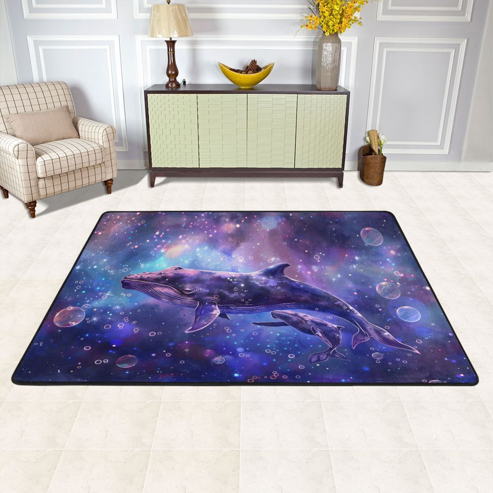 Whales in Space Area Rug Washable 72 x 48 Floor Carpet Mat Non Slip for ...