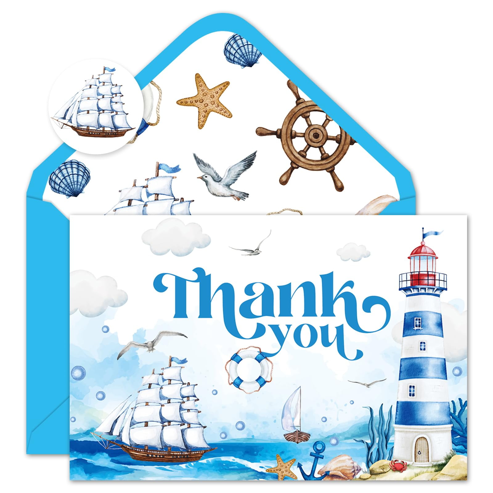 Whaline 24 Pack Nautical Thank You Cards Summer Blue Sea Lighthouse ...