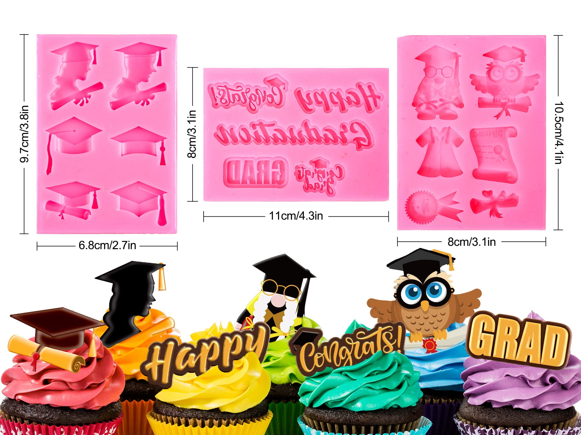 Whaline 3 Pack AJH3 Graduation Fondant Molds Silicone Graduation Cap ...