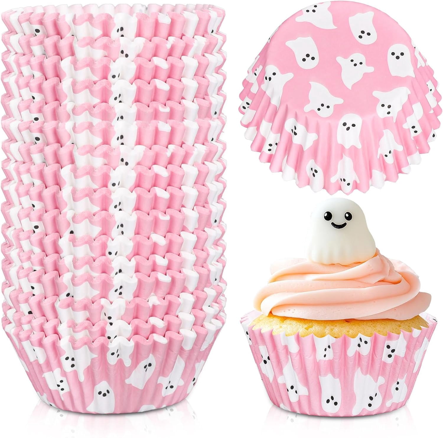 Whaline 300Pcs Halloween Cupcake Liners Pink Ghost Paper Baking Cups ...