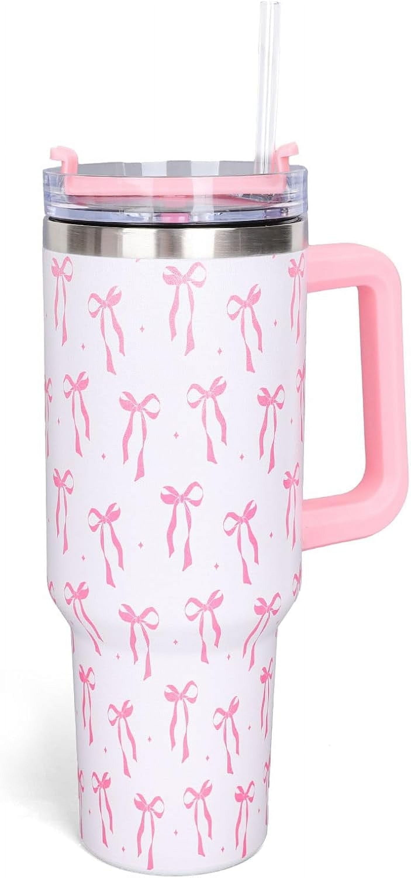 40oz Pink Bow Tumbler with Handle Straw and Lid Bow-Knot Travel Coffee ...