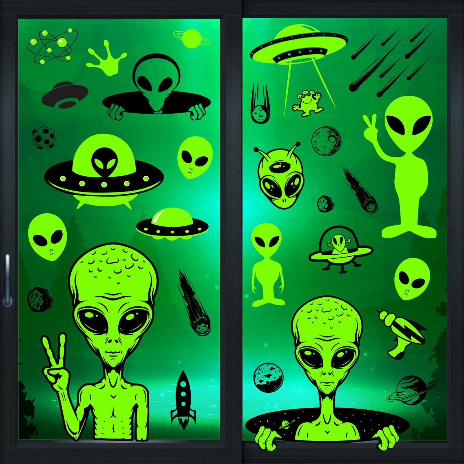 Whaline 6 Sheets FEV6 Alien Window Clings Large Size Green Alien Window ...