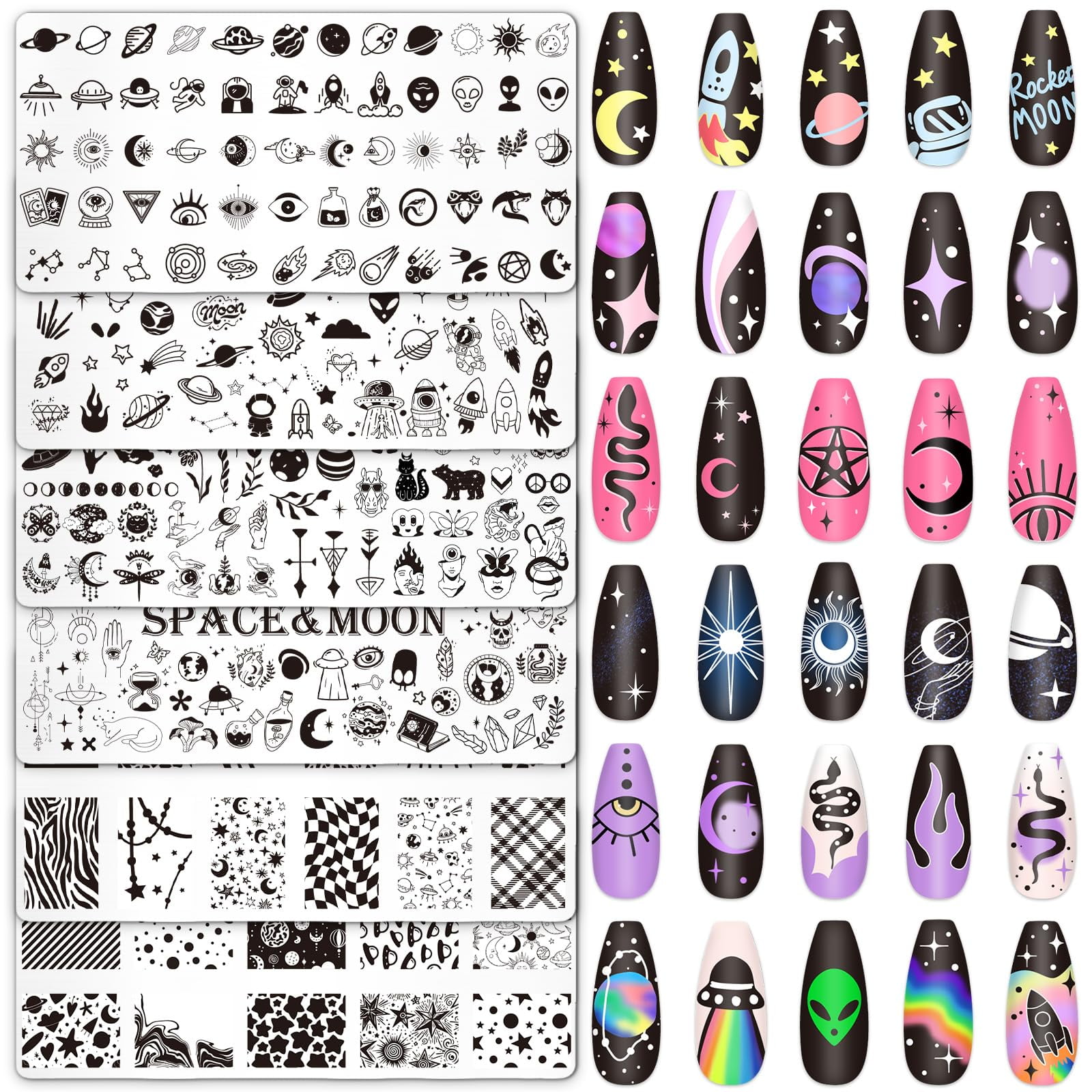 Whaline 6Pcs Outer Space Nail Plates Stamping Set Rocket Moon Planet ...