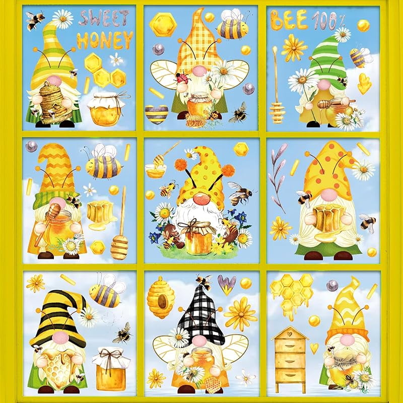 Whaline 9 Sheets Spring Gnome Flower Window Clings Watercolor Floral ...