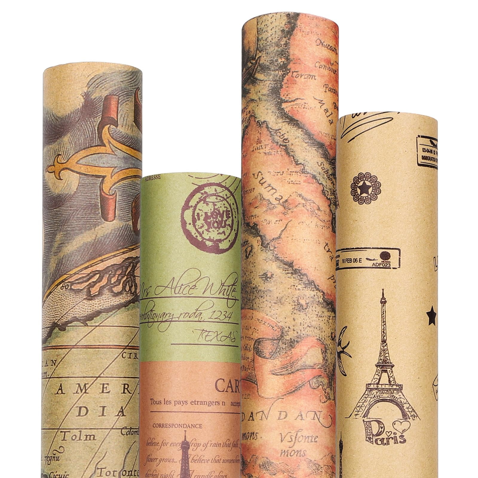 Whaline Vintage World Map Wrapping Paper - Not Roll - Retro Famous ...