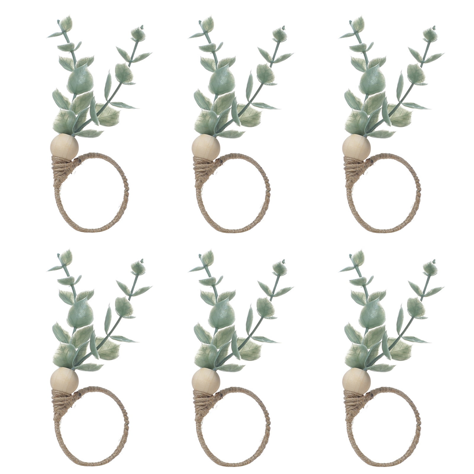 Wharick Eucalyptus Napkin Rings Set of 6 - Rustic Wooden Beads and Hemp ...