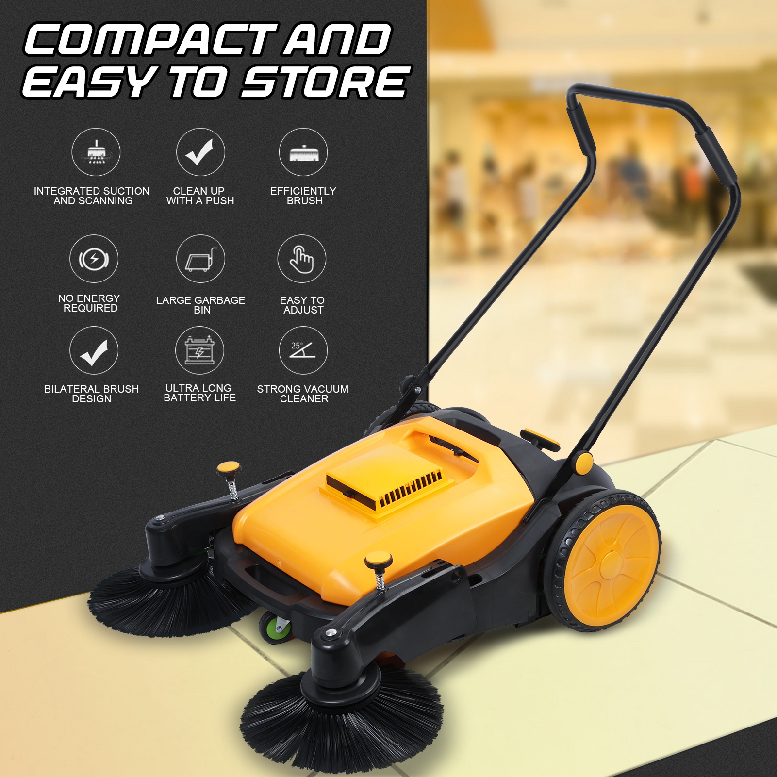 Wharick Hand Push Floor Sweeper, 38inch Walk-Behind Floor Sweeper with ...