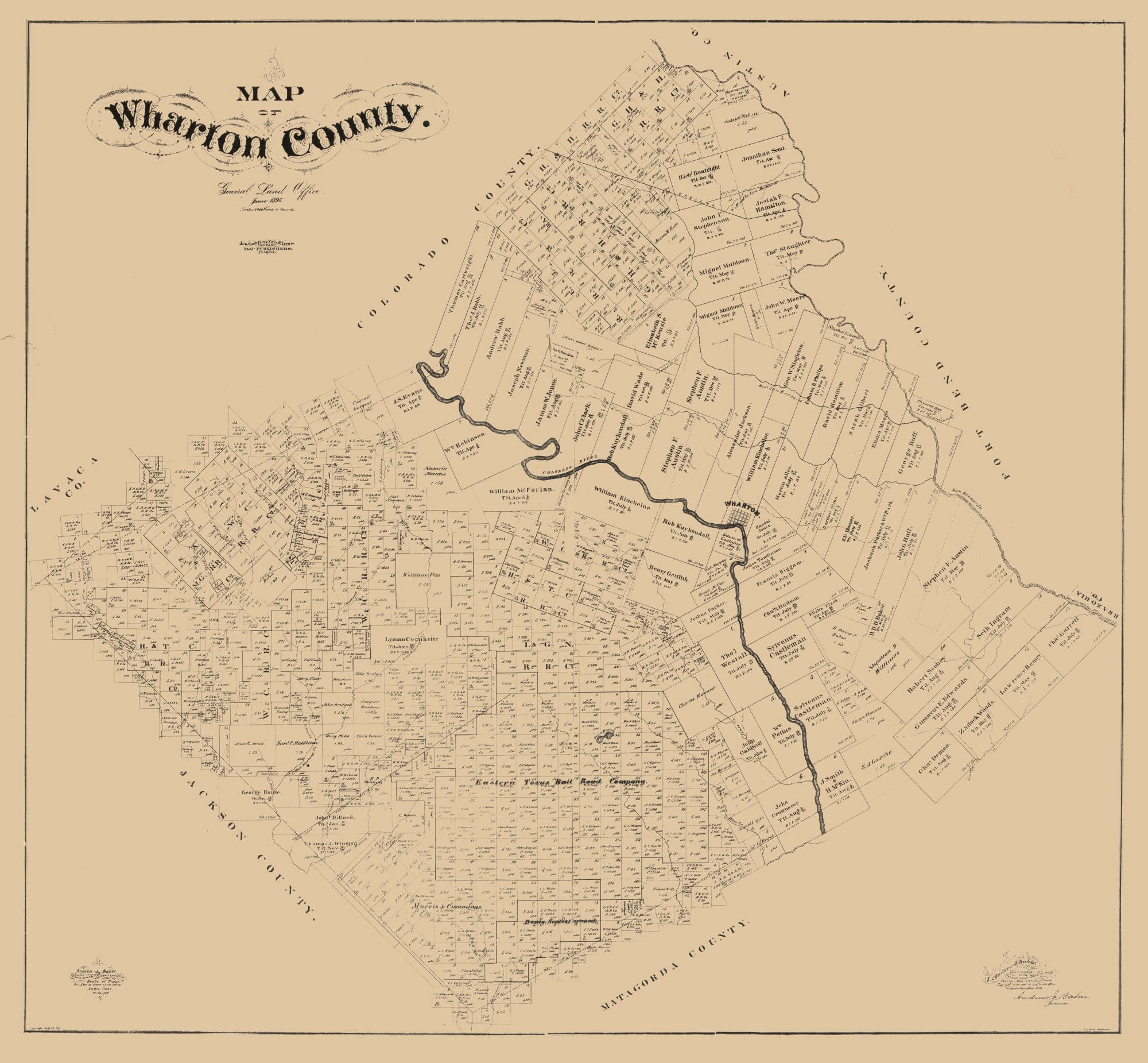 Historic County Map - Wharton County Texas - Baker 1895 - 24.85 x 23 ...