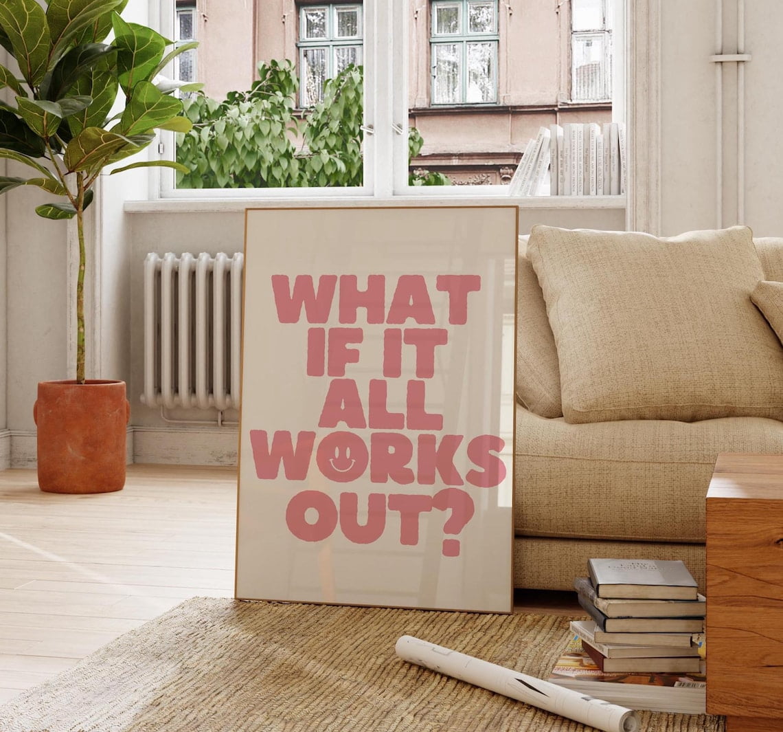 What If It All Works Out? Uplifting Smiley Face Pink Art Poster ...