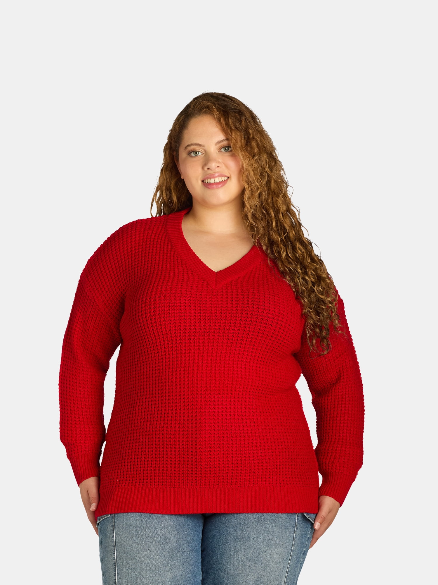 What's Next Women's Plus Waffle Knit V Neck Sweater, Lightweight, Sizes ...