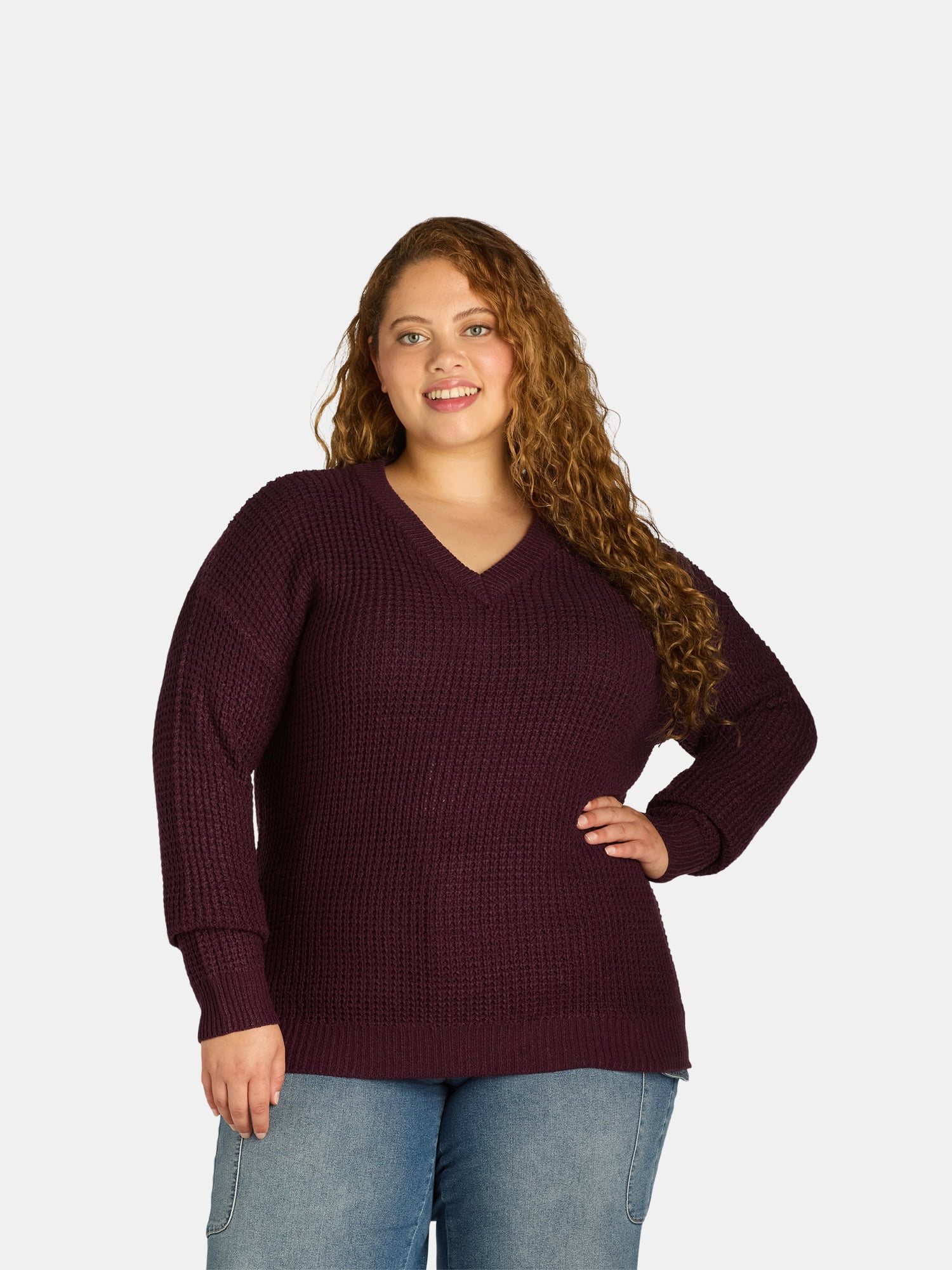 What's Next Women's Plus Waffle Knit V Neck Sweater, Lightweight, Sizes ...
