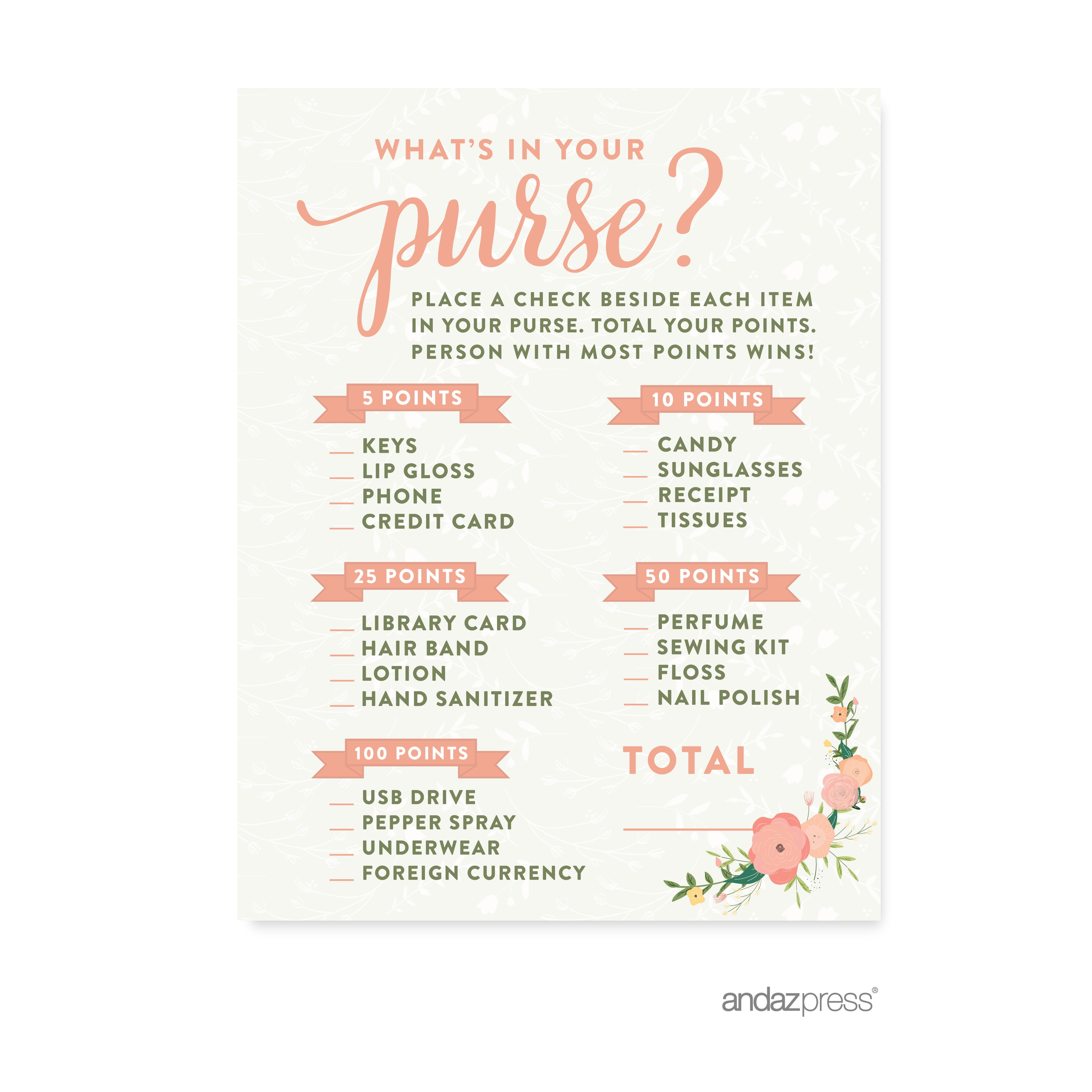 Andaz Press What's In Your Purse? Floral Roses Baby Shower Game, 20 ...