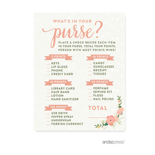 Andaz Press What's In Your Purse? Floral Roses Baby Shower Game, 20 ...