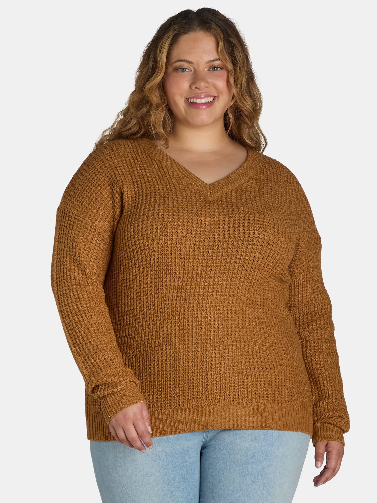 Whats Next Plus Size Waffle Knit V-Neck Sweater - Walmart.com
