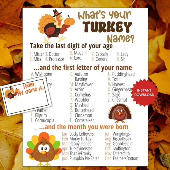 What's Your Turkey Name Game with Nametags and Sign, Thanksgiving Party ...