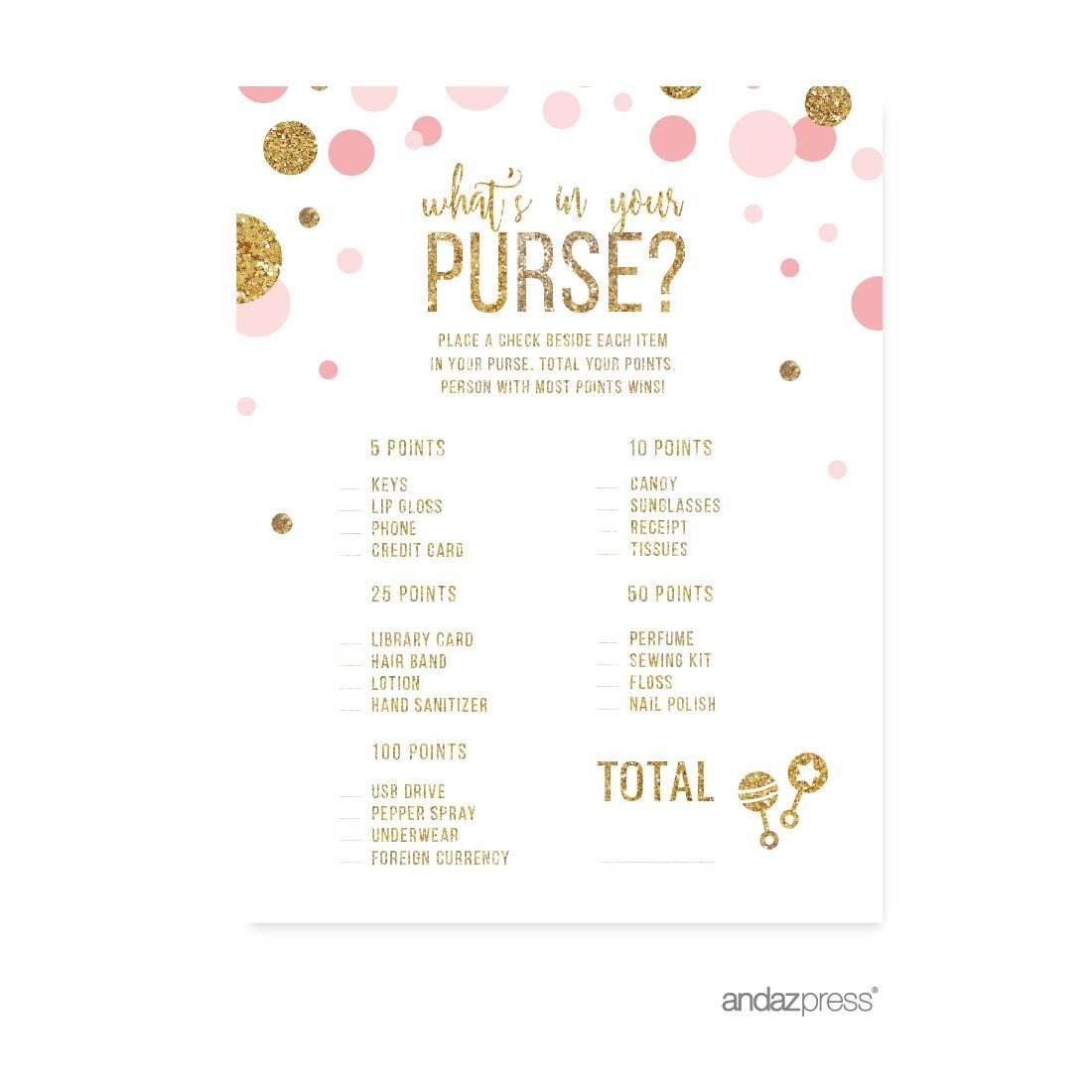 What's in Your Purse? Game Blush Pink Gold Glitter Baby Shower Games ...