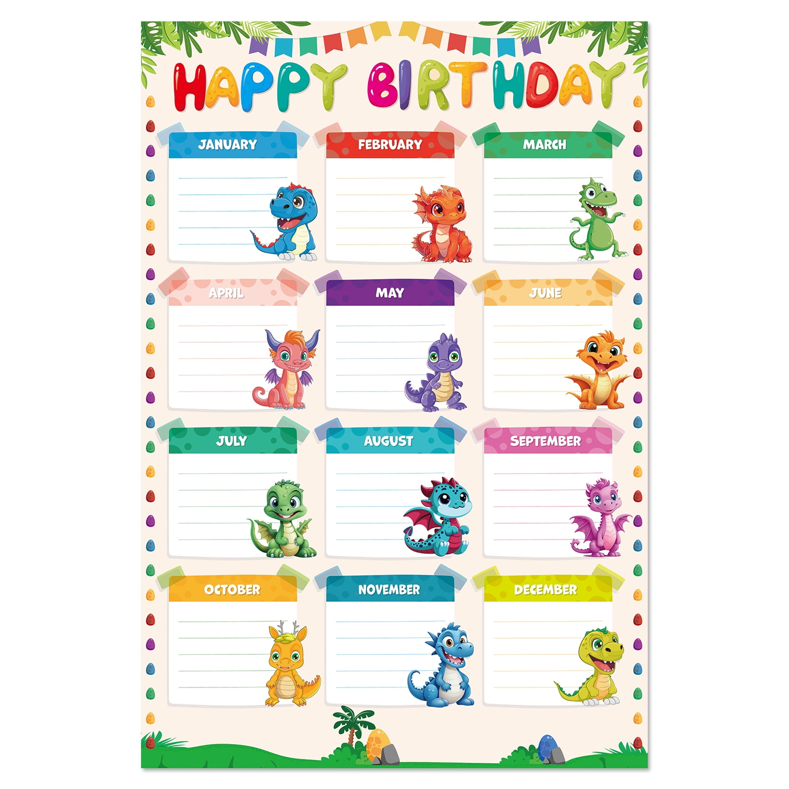 WhatSign Birthday Chart for Classroom - Dinosaur Happy Birthday Poster ...