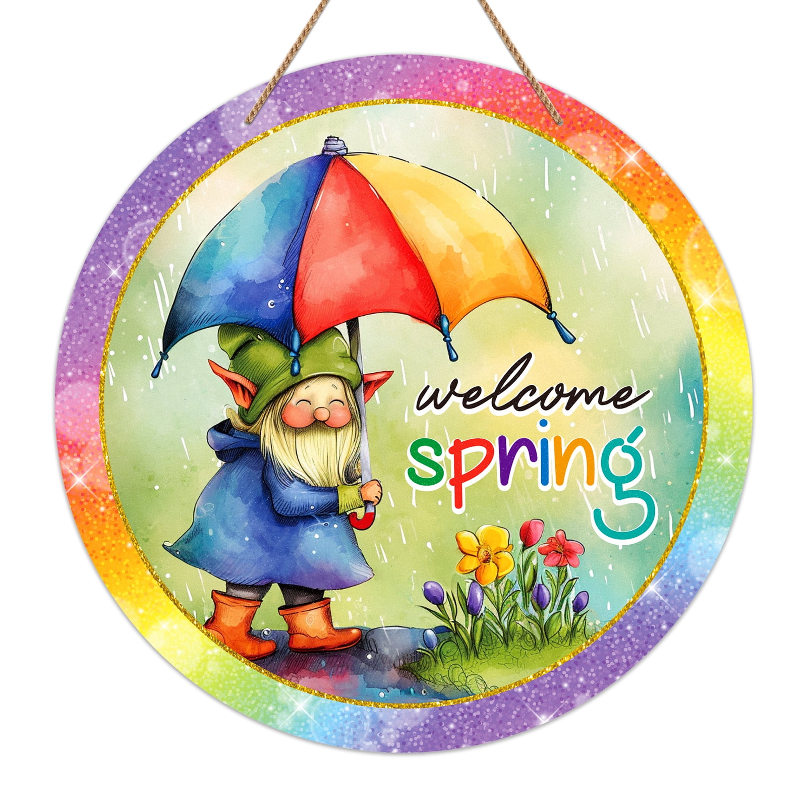 WhatSign Spring Welcome Sign Wreath for Front Door Decor Rainbow Gnome ...