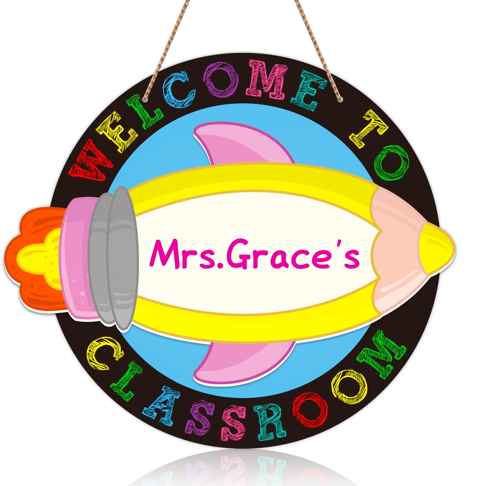 WhatSign Teacher Door Sign Personalized - 12" X 10.5" Welcome Classroom Signs for Teachers Round ...