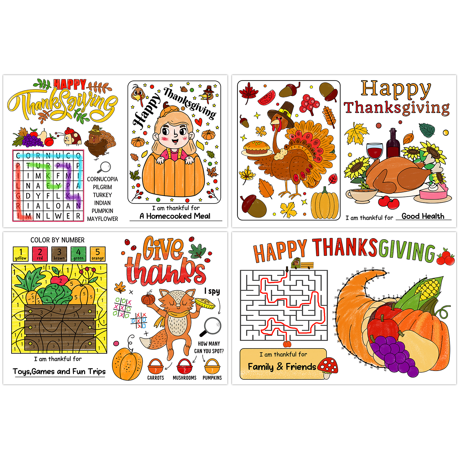 WhatSign Thanksgiving Coloring Placemats for Kids 12 Set Thanksgiving ...