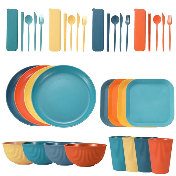 Wheat Dinnerware Sets for 4, LQQBOX 36 PCS Unbreakable Reusable Plastic ...