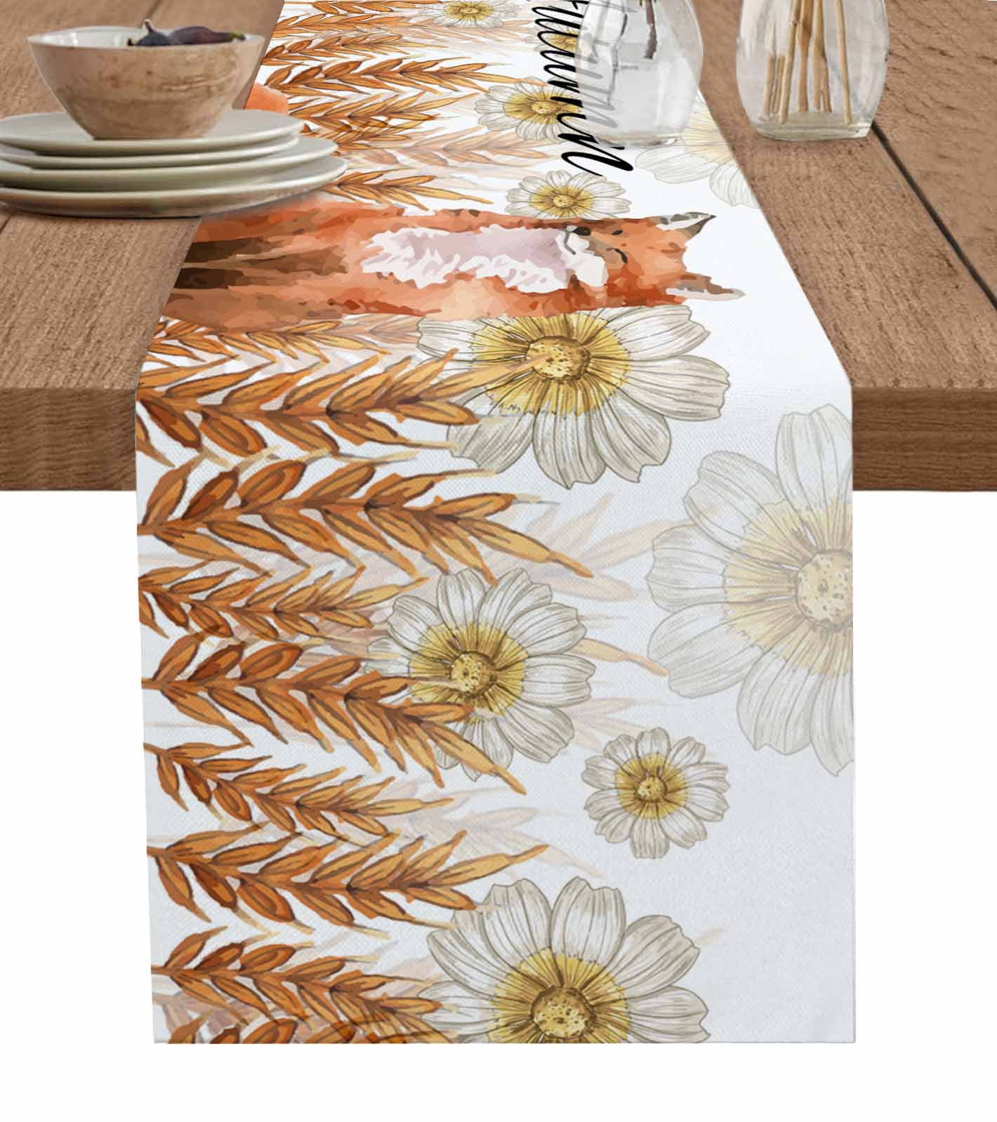 Wheat Fall Burlap-Cotton Table Runner 120 Inches Long,Watercolor Fox ...