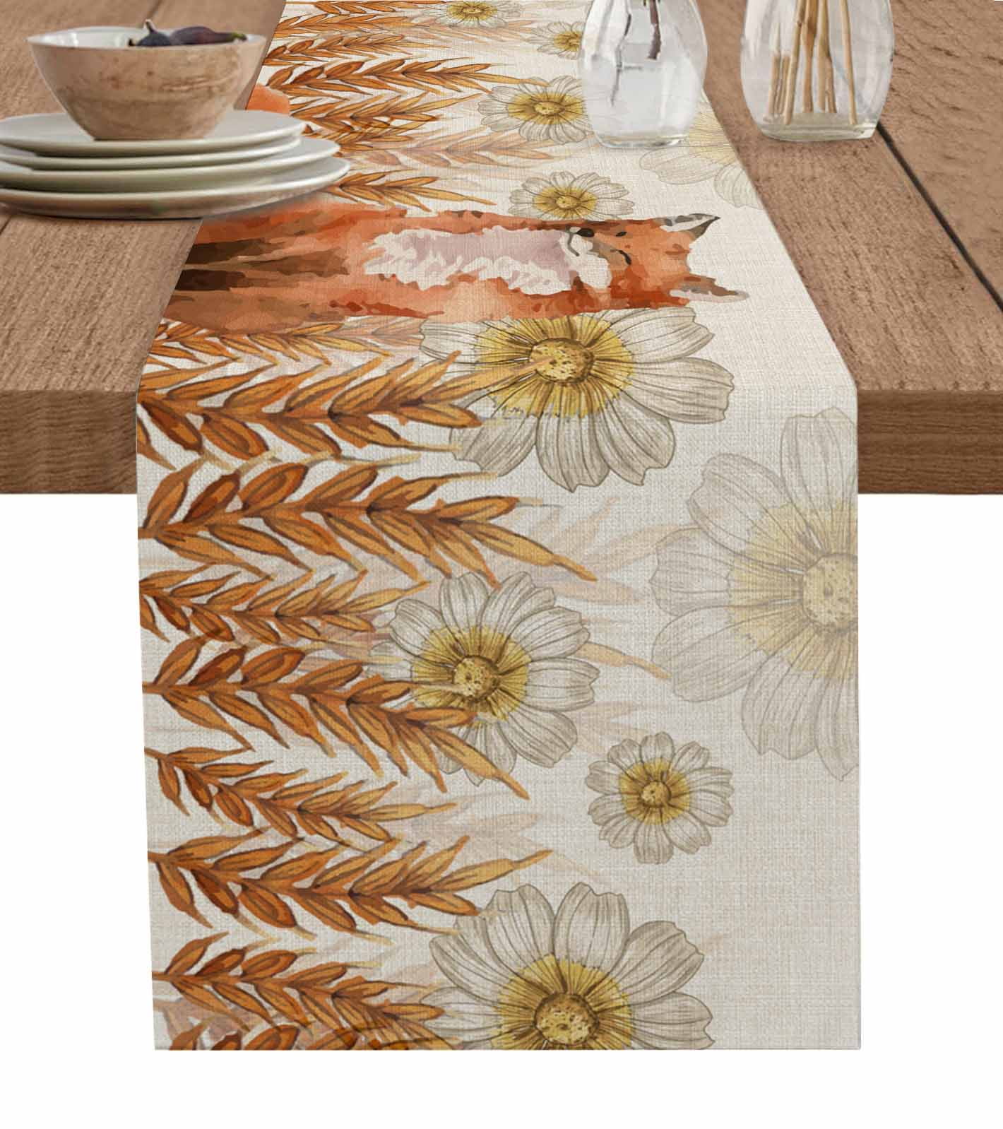Wheat Fall Burlap-Cotton Table Runner 90 Inches Long,Watercolor Fox ...