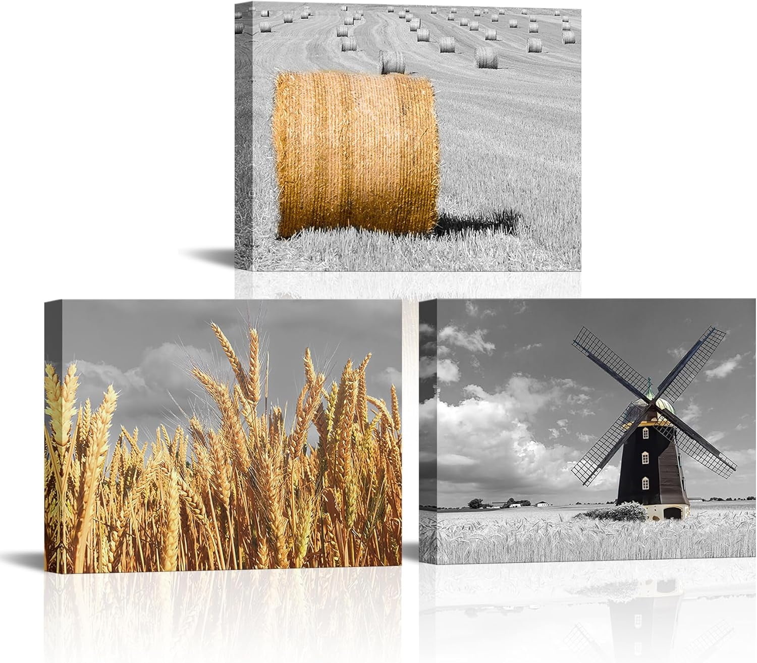 Wheat Field Windmill Straw Bales Canvas Wall Art Countryside Golden ...