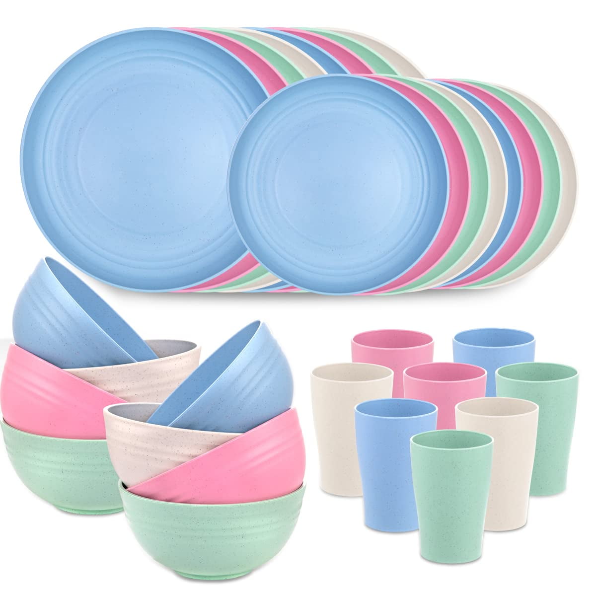 LVL Unbreakable Dinnerware Set for 8, Wheat Straw Plates, Bowls and ...