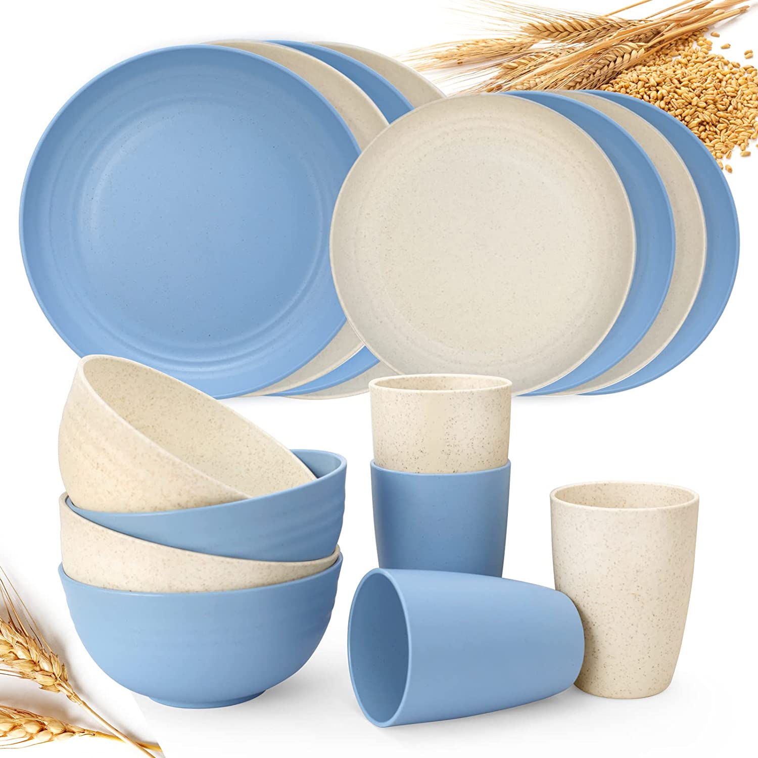 Wheat Straw Dinnerware Sets for 4, 16pcs Unbreakable,Lightweight ...