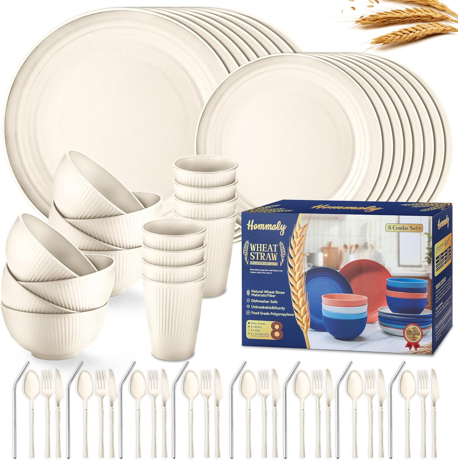 Wheat Straw Dinnerware Sets,64-Piece Beige Plates and Bowls Sets for 8 ...