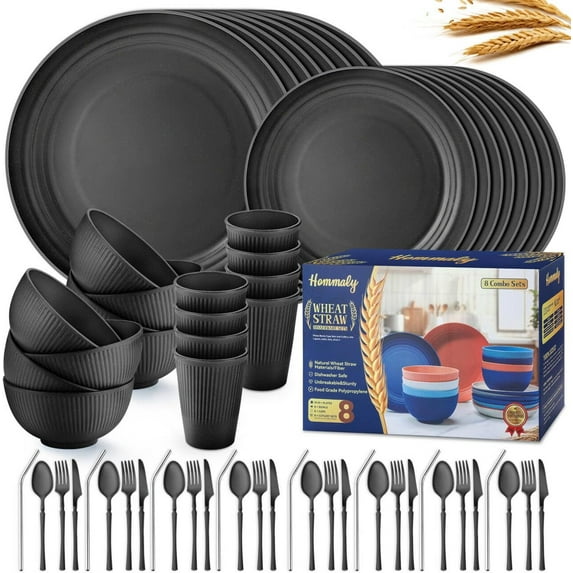 Wheat Straw Dinnerware Sets 64-Piece Black Plates and Bowls Sets for 8 ...