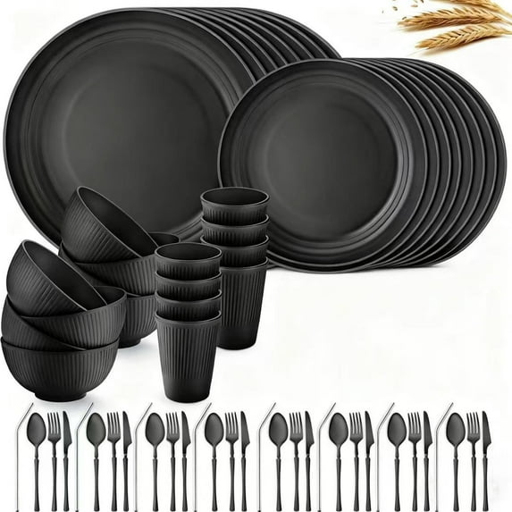 Wheat Straw Dinnerware Sets, 64-Piece Black Plates and Bowls Sets for 8 ...
