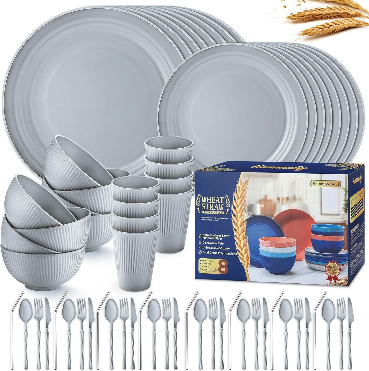 Wheat Straw Dinnerware Sets,64- Plates and Bowls Sets for 8-Unbreakable ...