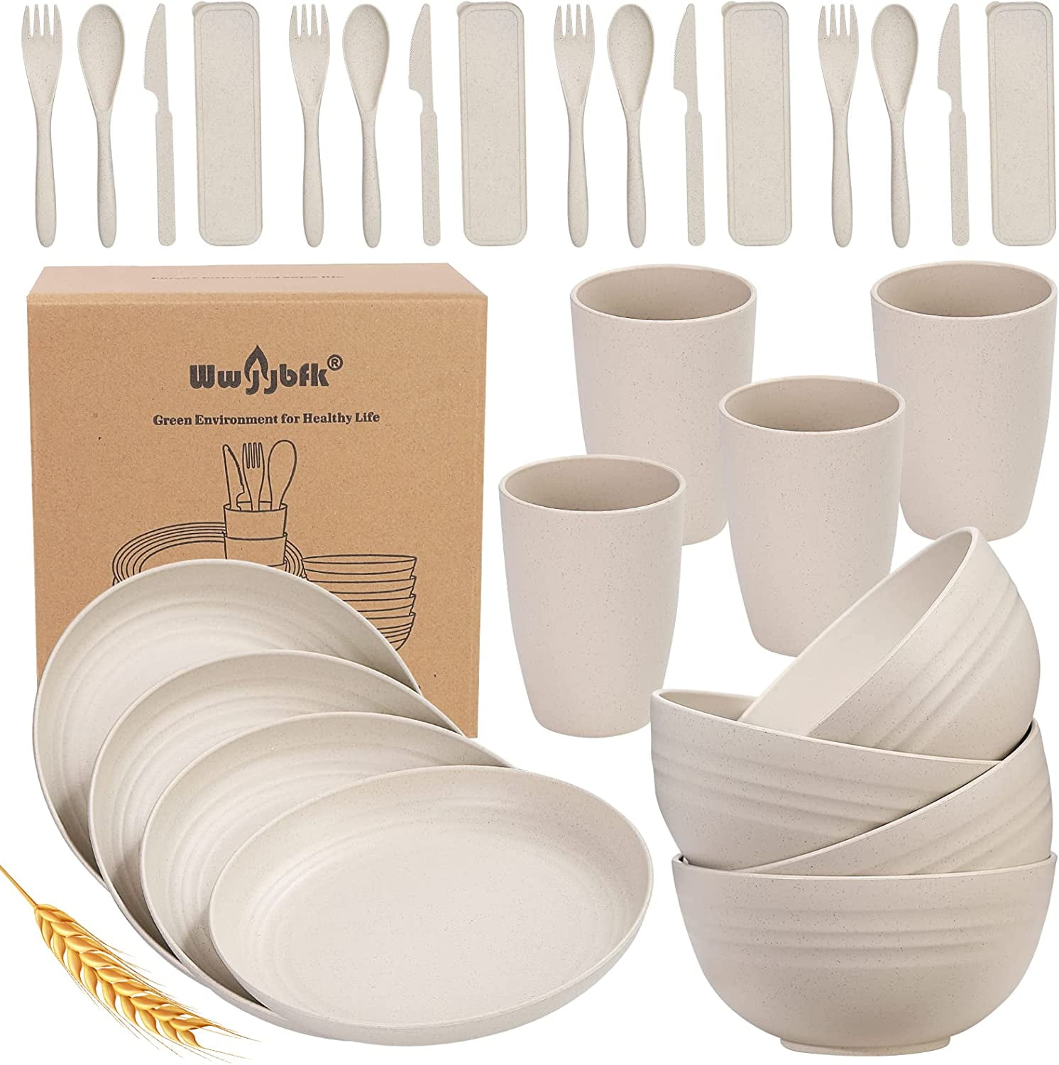 Wheat Straw Dinnerware Sets for 4, Kitchen Dishes 28pcs College Dorm ...
