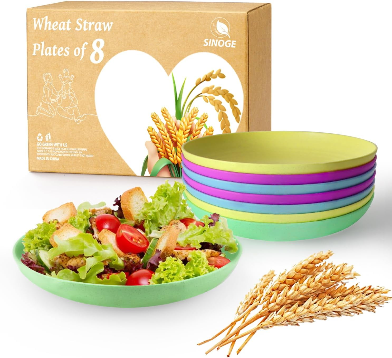 Wheat Straw Plates 8 Inch, Plastic Plates Reusable Set of 8 ...