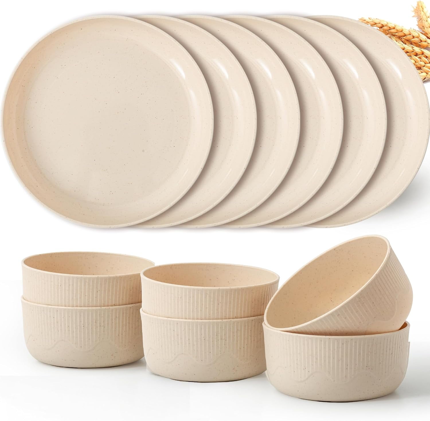 Wheat Straw Plates and Bowls Set, 12PCS Reusable Plastic Dinnerware Set ...