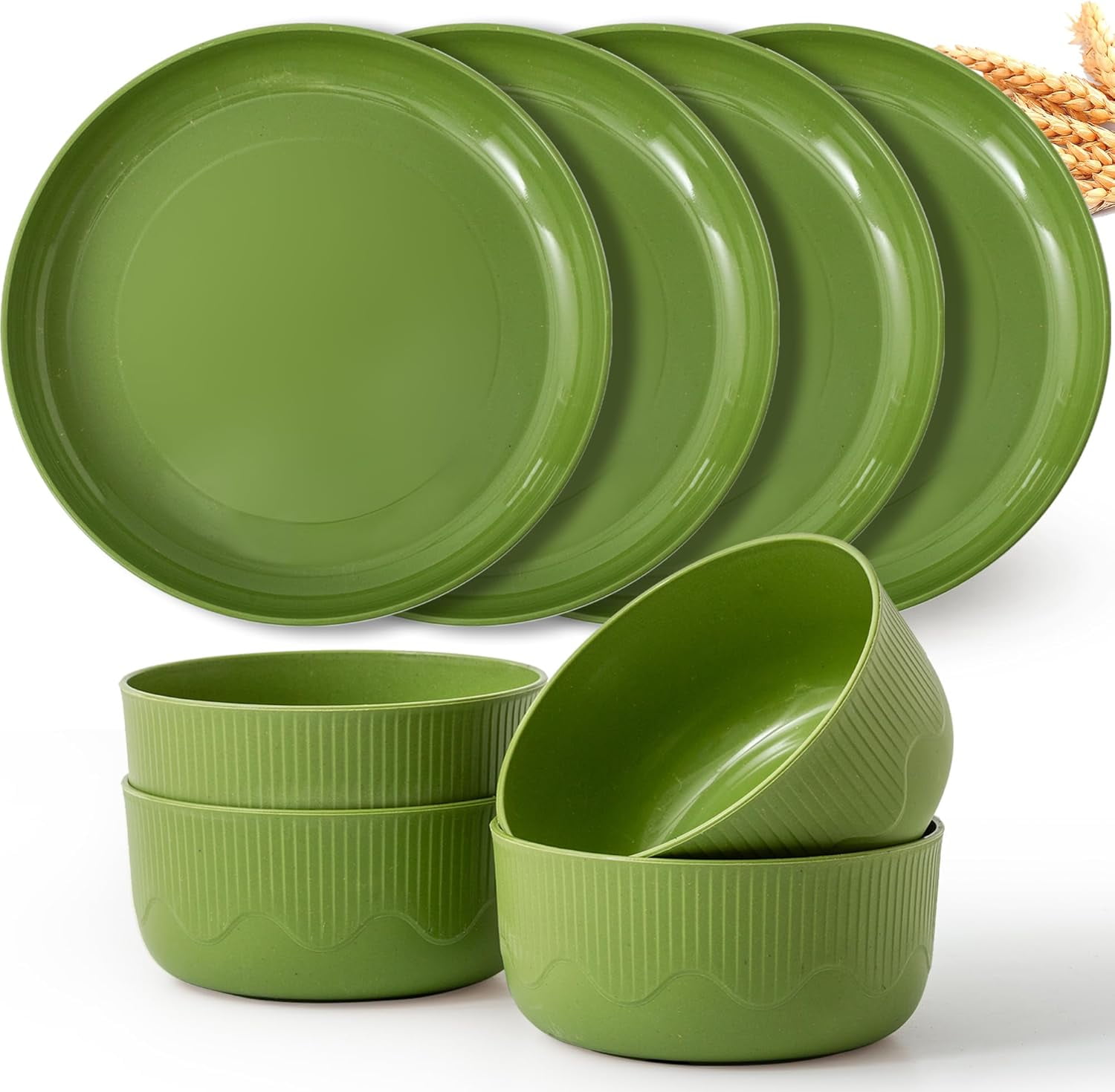 Wheat Straw Plates and Bowls Set, 8PCS Reusable Plastic Dinnerware Set ...