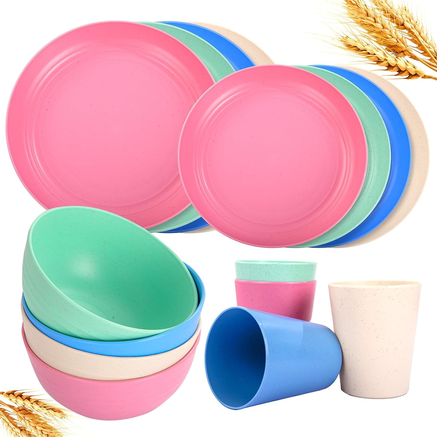 Wheat Straw Plates and Bowls sets, Reusable Plastic Plate Set for 4 ...